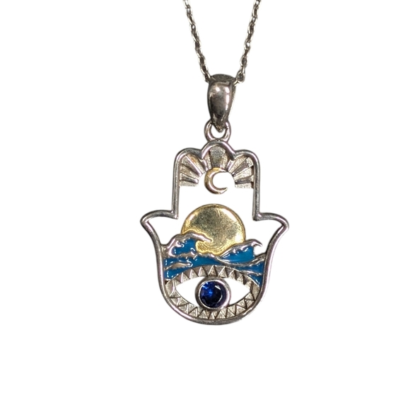 Jewelry | Silver Hamsa Pendant Necklace Evil Eye Golden Crescent Moon ...